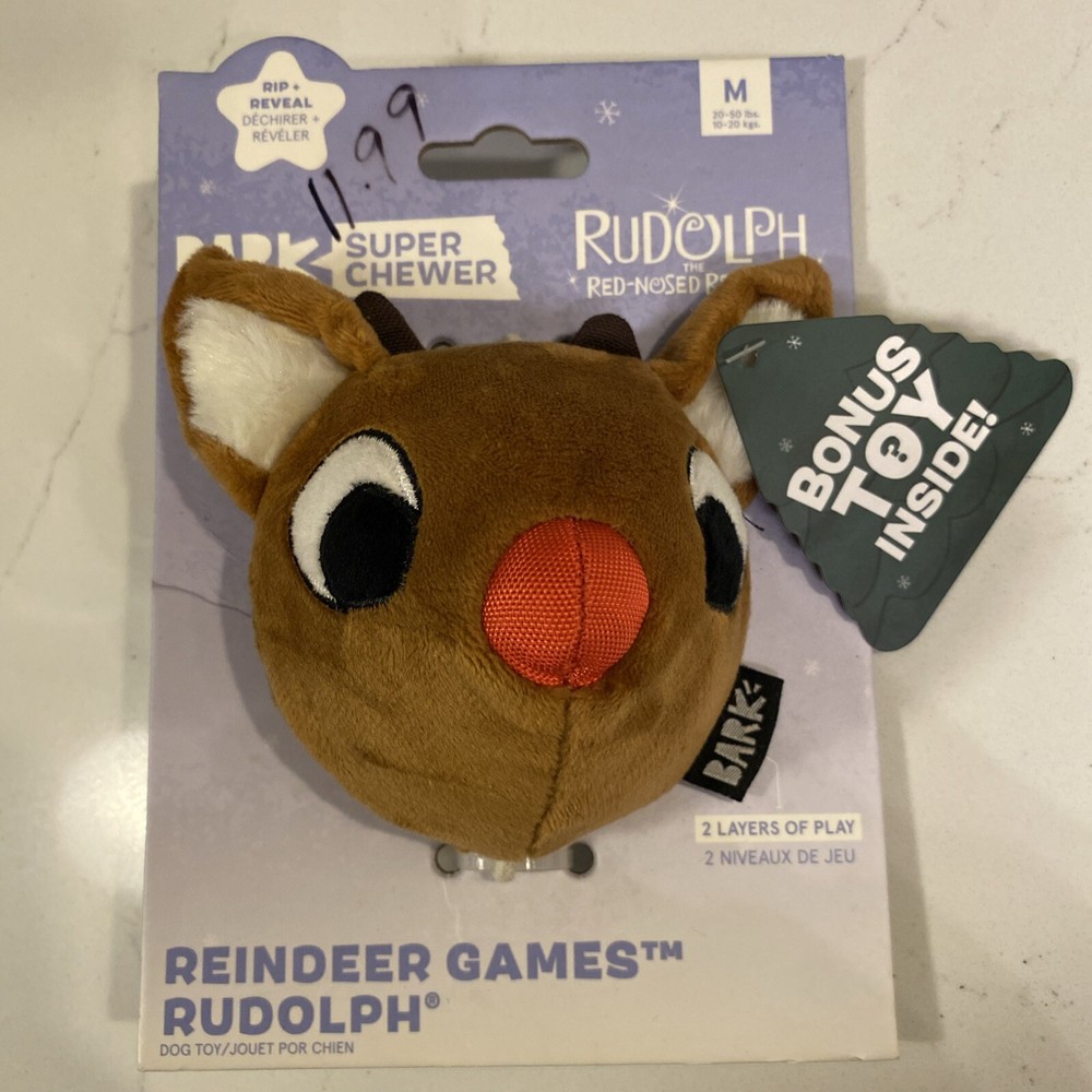 Bark Box Super Chewer Reindeer Games Rudolph Dog Toy Medium Ball Fetch ...