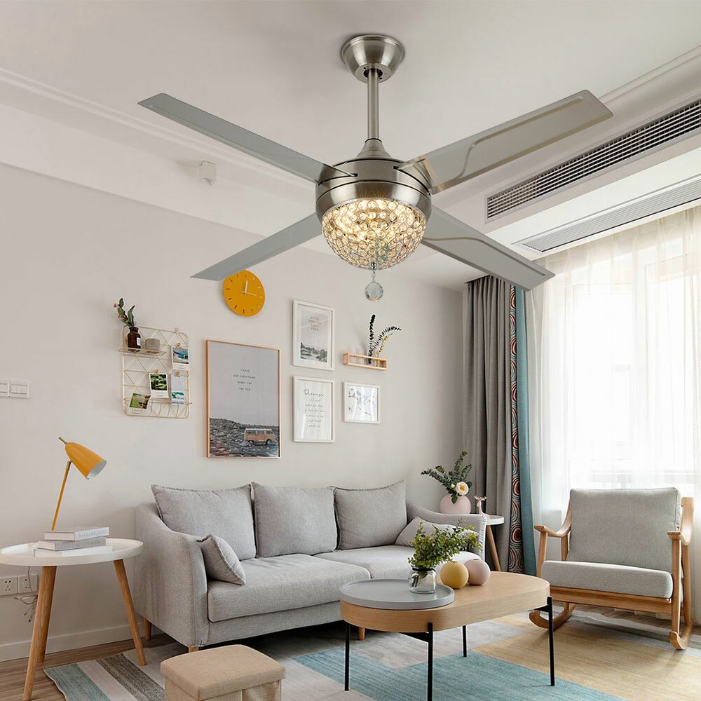 Crystal Ceiling Fan Light 44" LED Chandelier Lamp w/ Remote Control