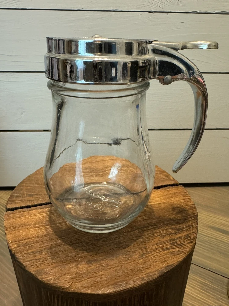 Vintage DRIPCUT Clear GLASS & Chrome SYRUP PITCHER Dispenser 4" USA #106