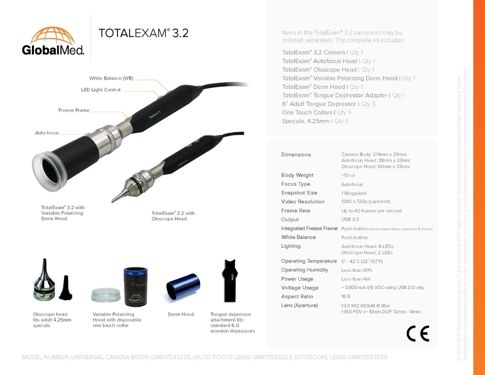 GlobalMed Telemedicine TotalExam 3.2 Exam HD Camera Otoscope Dermoscope ...