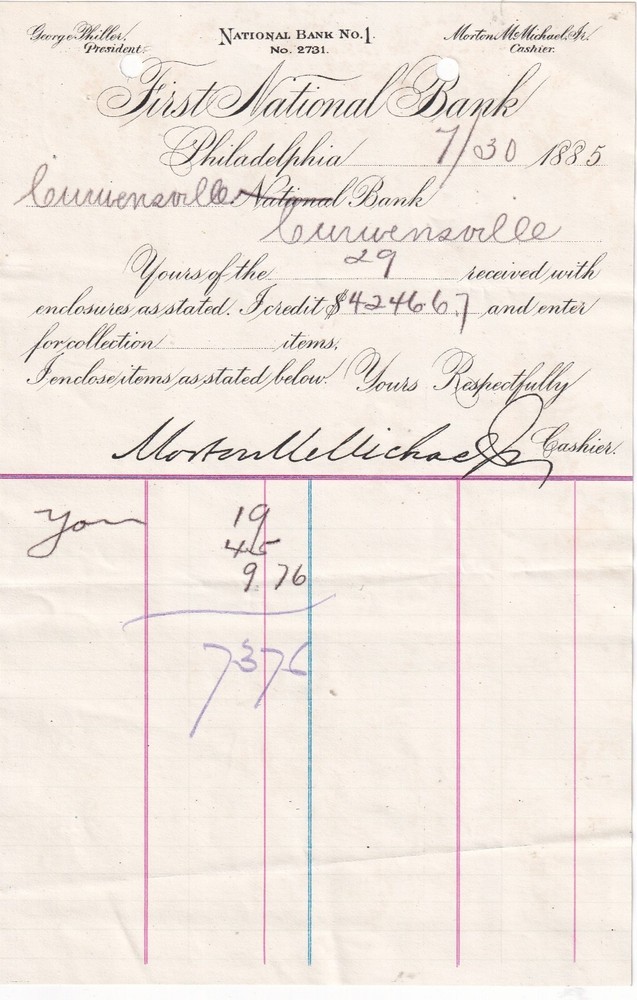 1885 First National Bank Philadelphia Signed Bank Receipt with Cashier ...