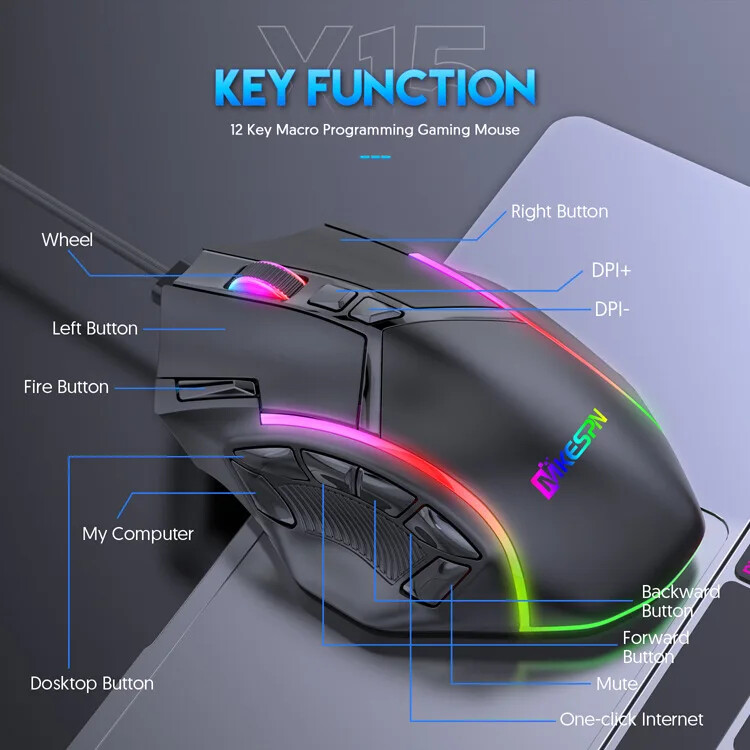 12800DPI RGB Gaming Mouse with 12 Programmable Keys for PC