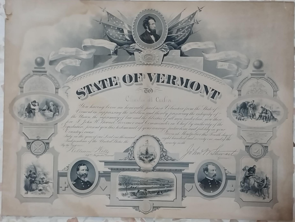 1871 Vermont Civil War Service Certificate for Charles B Carlin ...