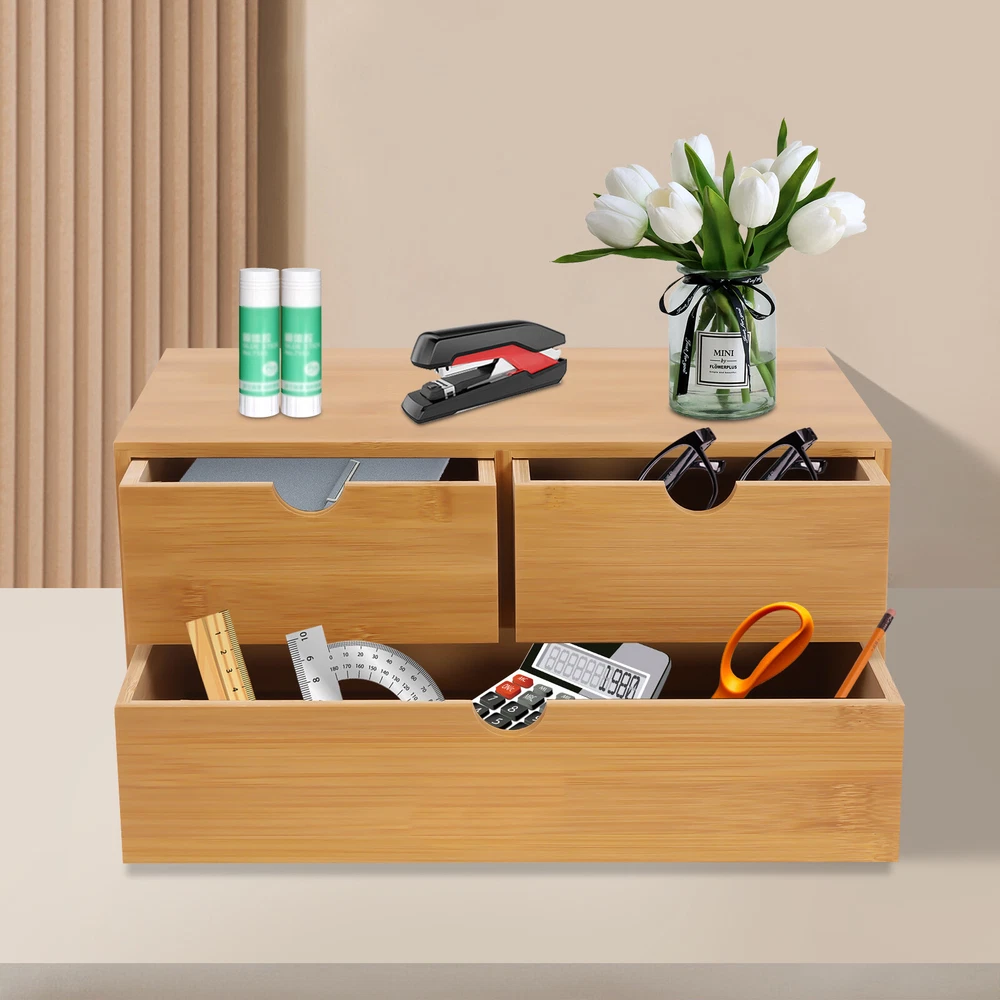 Bamboo Desk Organizer -Tabletop Mini Bamboo Desk Drawer Storage Box w ...