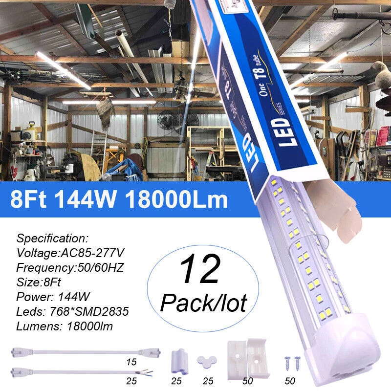 8ft LED SHOP LIGHT V-SHAPE 144W 6500K LED Tube Light Linkable Ceiling 12PC