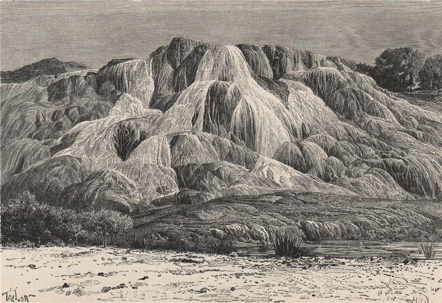 Petrified cascade of Hammam Meskhoutine, Guelma. Algeria 1885 old print