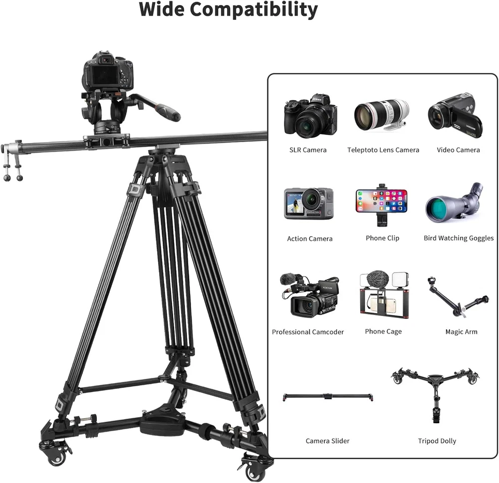 BF30L Video Tripod with Fluid Head, 73" Heavy Duty Tripod with 360 ...